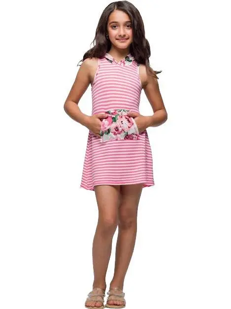 24SEVENKID Sleeveless Knee Length Hooded Dress - Pink Multi