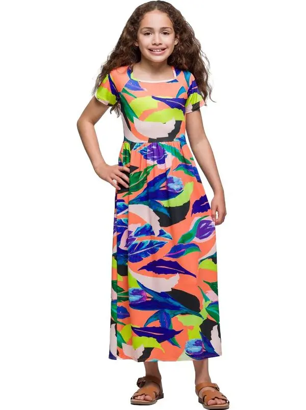 24SEVENKID Bright Floral Print Maxi Dress - Coral Multi