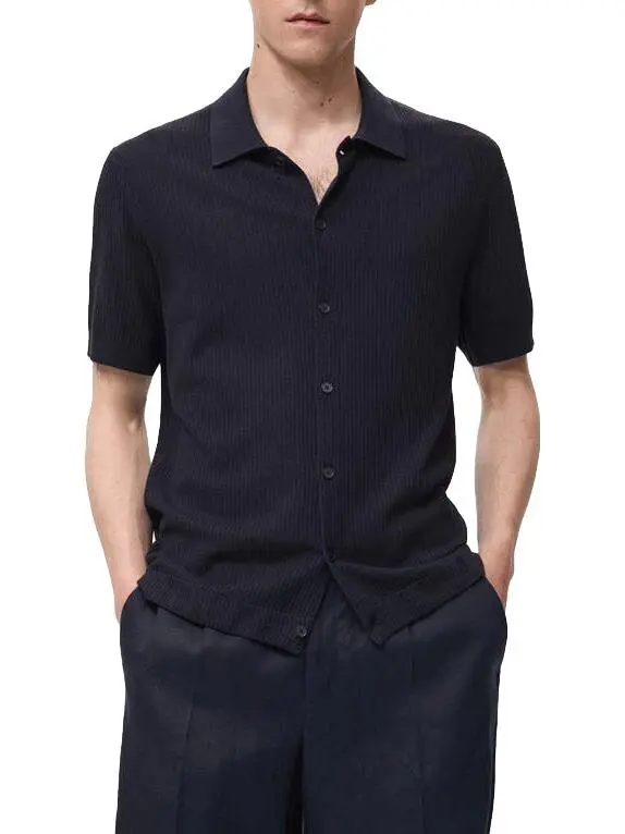 Mango Short Sleeve Rib-knit Button-up Shirt - Navy
