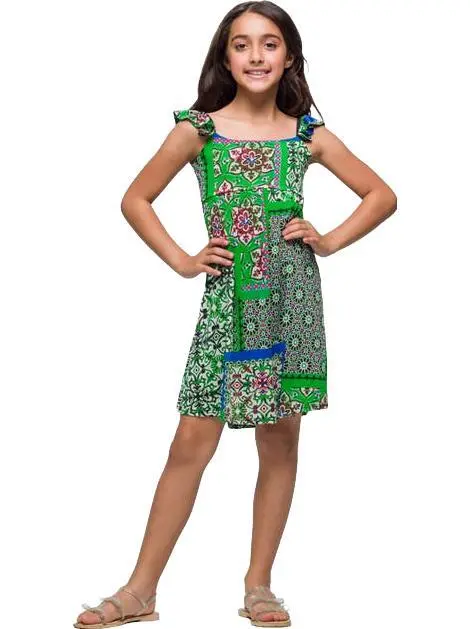 24SEVENKID Printed Ruffle Knee Length Dress - Green Multi