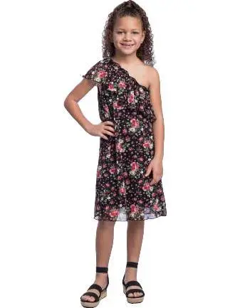 24SEVENKID Floral One Shoulder Ruffle Dress - Black Multi