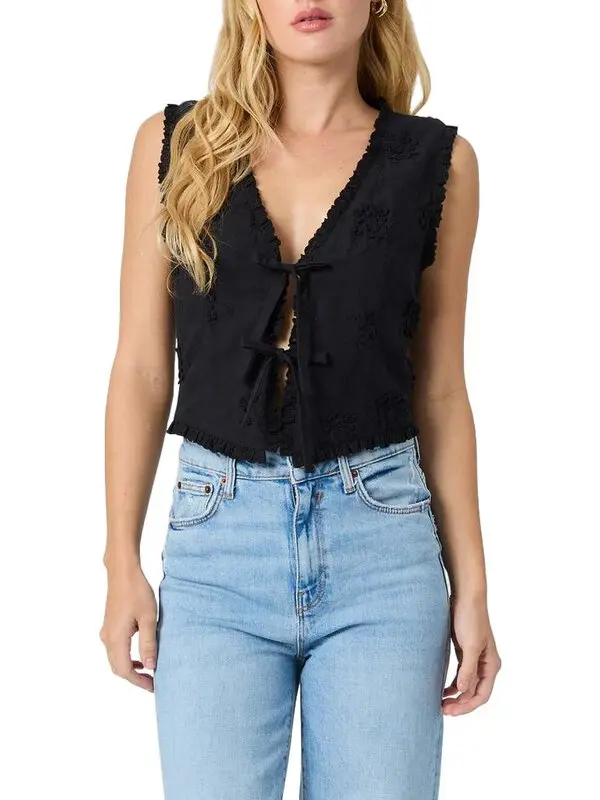 ALL IN FAVOR Ruffle Embroidered Tie Front Cotton Tank - Black