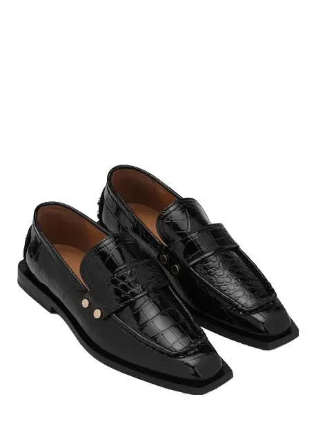 GANNI Croc Embossed Square Toe Loafer - Black