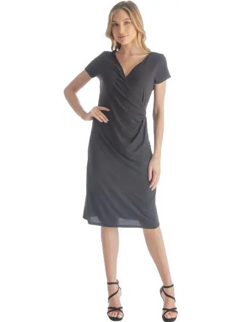 24SEVEN COMFORT APPAREL Petite Faux Wrap Knee Length Dress - Black