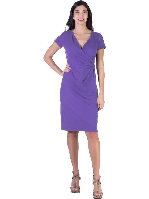 24SEVEN COMFORT APPAREL Petite Faux Wrap Knee Length Dress - Lilac