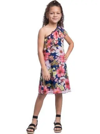 24SEVENKID Floral Print One Shoulder Ruffle Knee Length Dress - Pink Multi