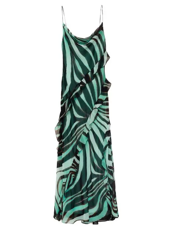 Mango Zebra Print Ruffle Slip Dress - Turquoise