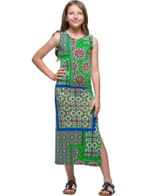 24SEVENKID Scarf Print Side Slit Maxi Dress - Green Multi