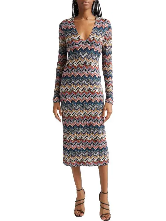 Missoni Zigzag Long Sleeve Midi Sweater Dress - Blue Multi