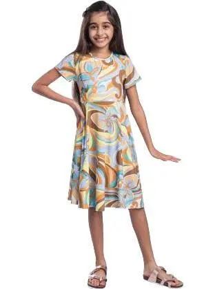 24SEVENKID Printed Fit And Flare Knee Length Dress - Blue Multi
