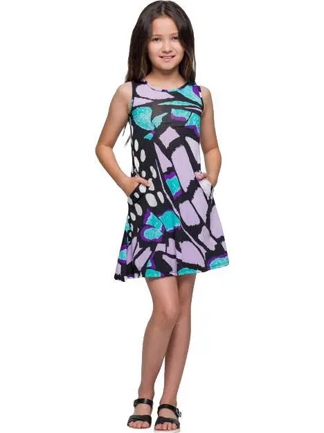24SEVENKID Butterfly Print Sleeveless Knee Length Dress With Pockets - Purple Multi