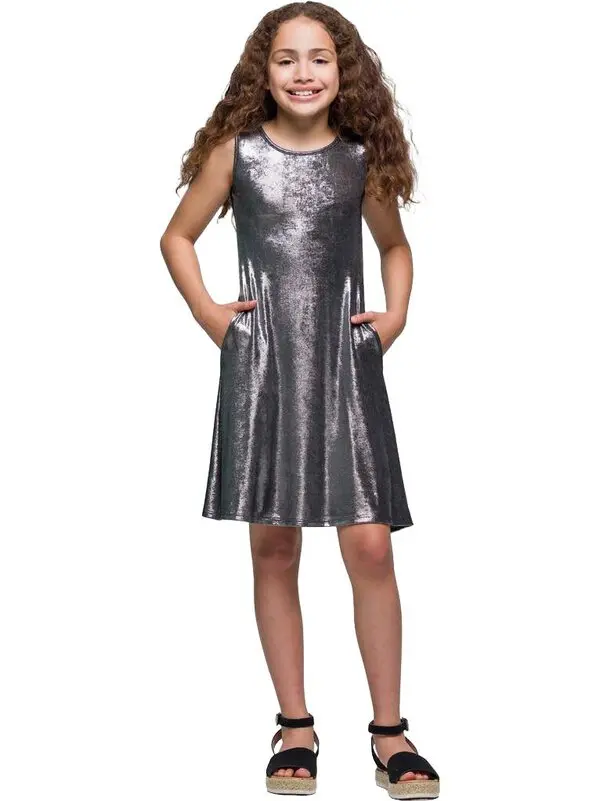 24SEVENKID Sleeveless Metallic A-line Dress - Grey Metallic