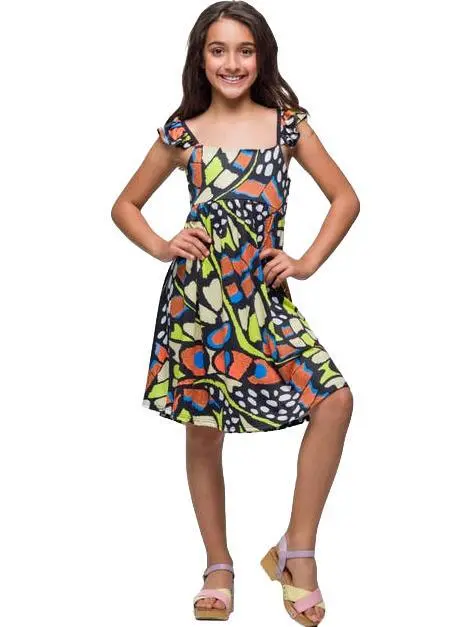 24SEVENKID Butterfly Print Empire Waist Sleeveless Dress - Orange Multi