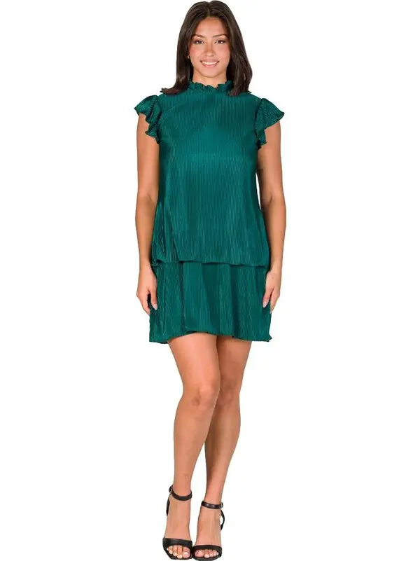 24SEVEN COMFORT APPAREL Ruffle Cap Sleeve High Neck Pleated Tiered Mini Dress - Hunter