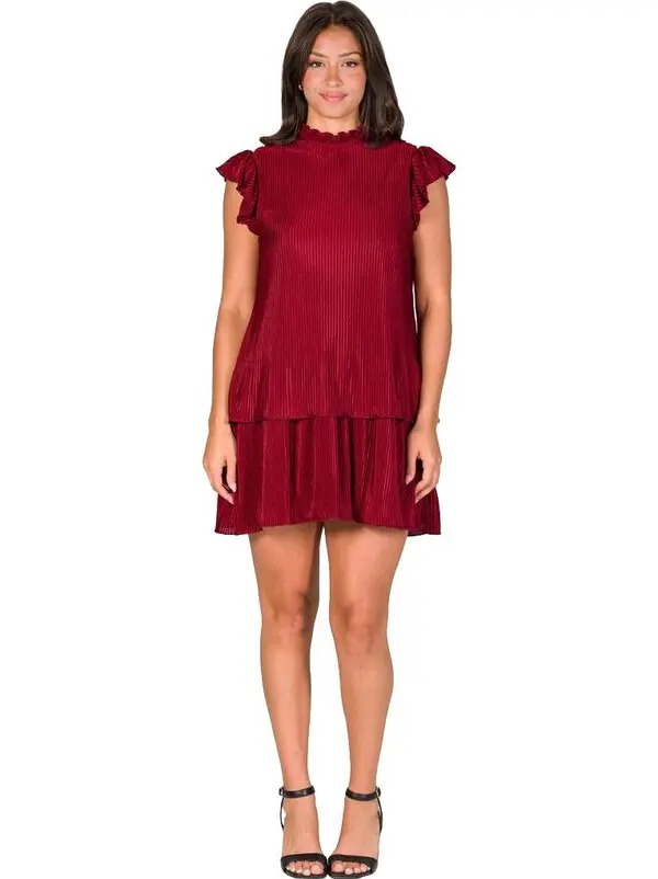 24SEVEN COMFORT APPAREL Ruffle Cap Sleeve High Neck Pleated Tiered Mini Dress - Wine