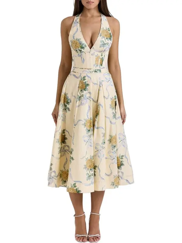 House Of Cb Allena Floral Halter Midi Sundress - Yellow Rose Print