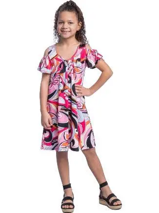 24SEVENKID Cold Shoulder Knee Length Dress - Pink Multi