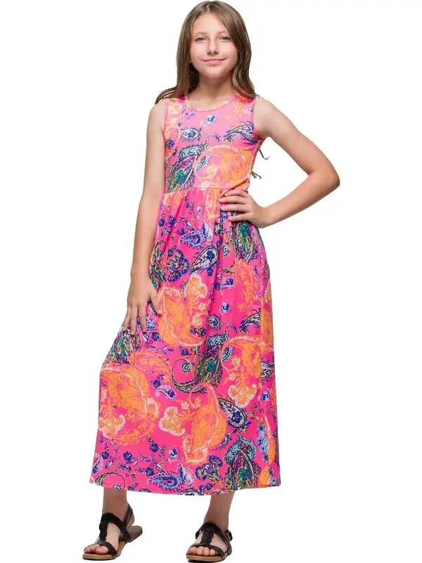24SEVENKID Paisley Print Sleeveless Maxi Dress With Pockets - Orange Multi