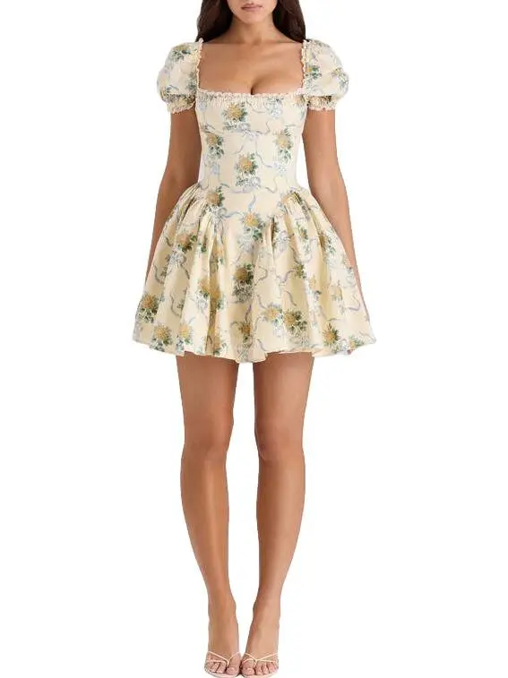 House Of Cb Rosie Mini Sundress - Yellow Rose Print