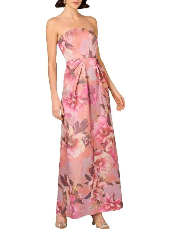Aidan Mattox Print Metallic Jacquard Strapless Gown - Apricot Multi