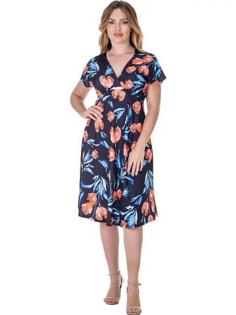 24SEVEN COMFORT APPAREL Petites Tulip Print V Neck Empire Waist Knee Length Dress - Black Multi