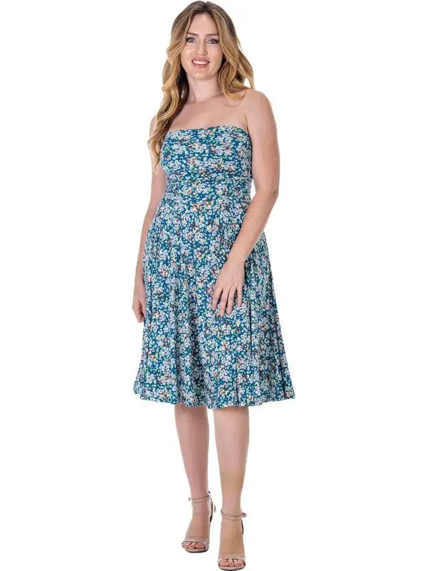 24SEVEN COMFORT APPAREL Petite Floral Strapless Knee Length Tube Dress - Blue Multi