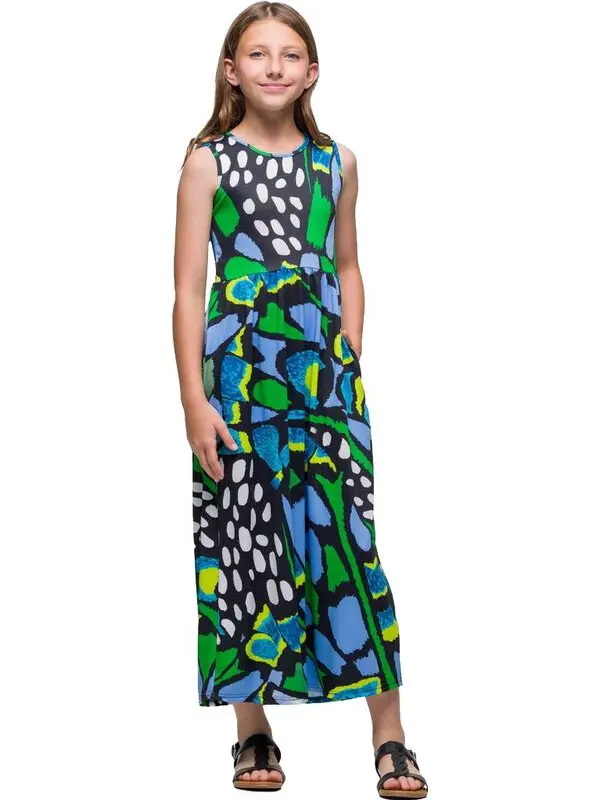 24SEVENKID Butterfly Print Sleeveless Maxi Dress With Pockets - Green Multi