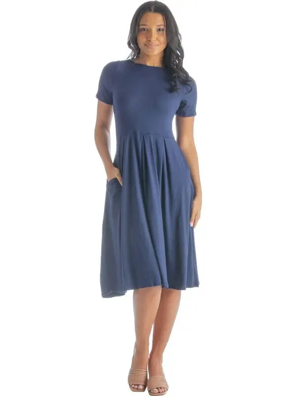 24SEVEN COMFORT APPAREL Petite Midi Dress With Short Sleeves And Pockets - Navy