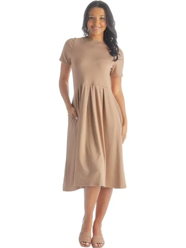 24SEVEN COMFORT APPAREL Petite Midi Dress With Short Sleeves And Pockets - Taupe