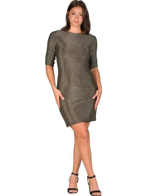 24SEVEN COMFORT APPAREL Elbow Length Sleeve Shimmer Bodycon Mini Dress - Gold