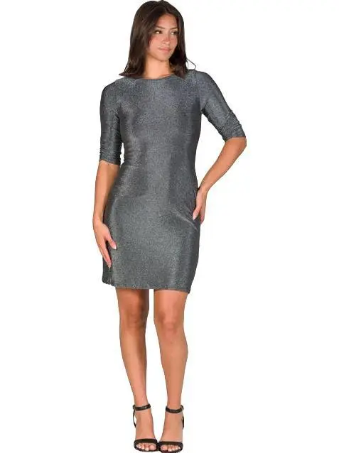 24SEVEN COMFORT APPAREL Elbow Length Sleeve Shimmer Bodycon Mini Dress - Silver
