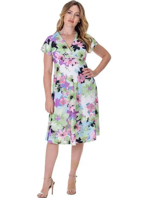 24SEVEN COMFORT APPAREL Floral Print V-neck Empire Waist Knee Length Dress - White Multi
