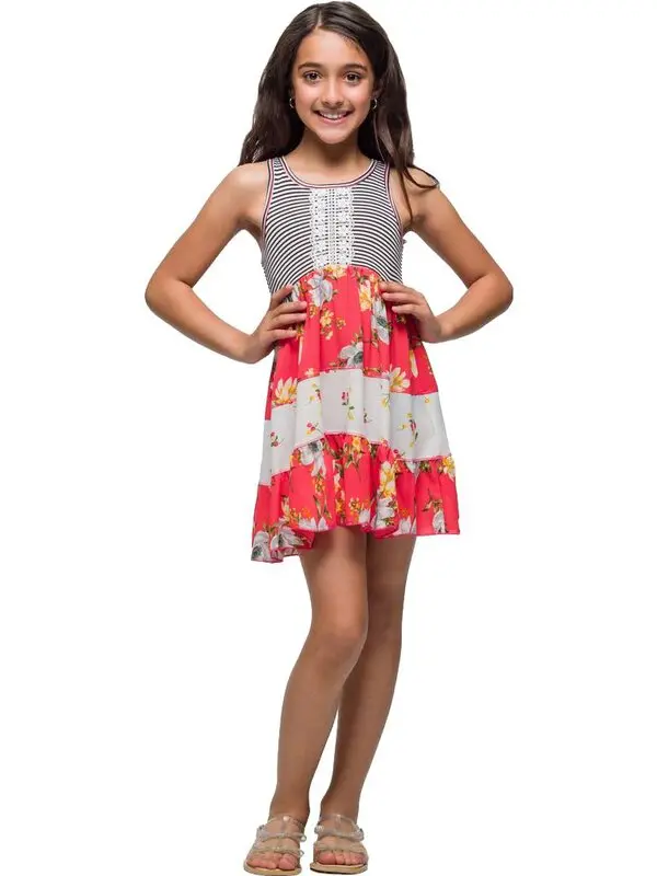 24SEVENKID Sleeveless Striped Tank Top Knee Length Dress - Pink Multi