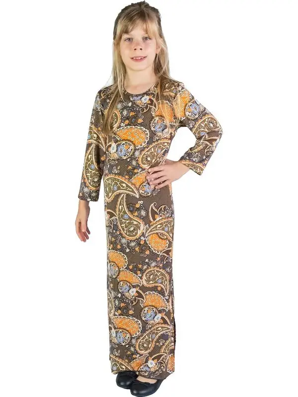 24SEVENKID Long Sleeve Side Slit Maxi Dress - Brown Multi