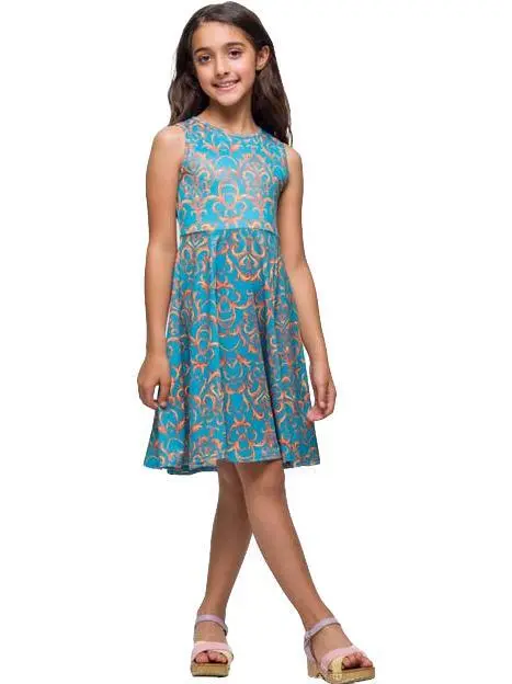 24SEVENKID Printed Fit And Flare Dress - Blue Multi