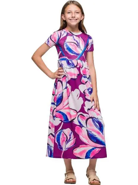 24SEVENKID Floral Print Short Sleeve Maxi Dress - Pink Multi