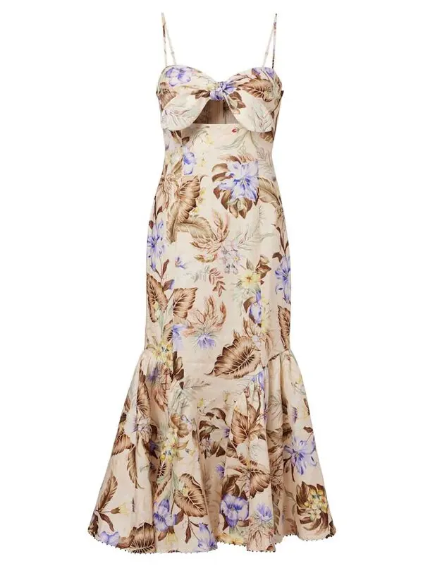 Zimmermann Coco Bow-detailed Floral Linen Midi Dress - Multicoloured