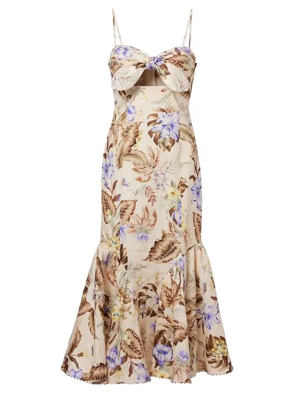 Zimmermann Coco Bow-detailed Floral Linen Midi Dress - Multicoloured