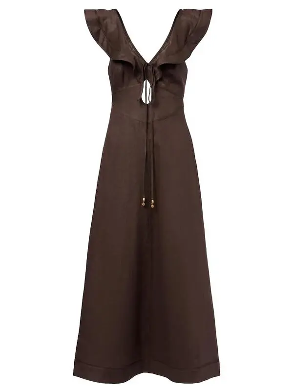 Zimmermann Rhiannon Ruffled Linen Midi Dress - Brown