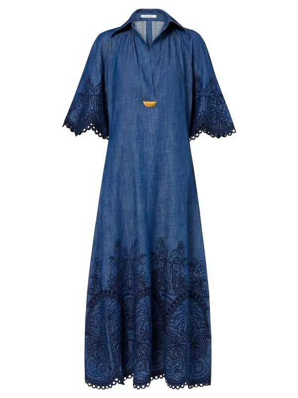 Zimmermann Coco Embroidered Denim Maxi Dress - Blue