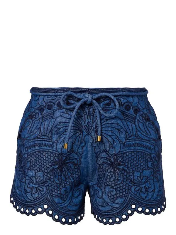 Zimmermann Coco Embroidered Scalloped Denim Shorts - Blue