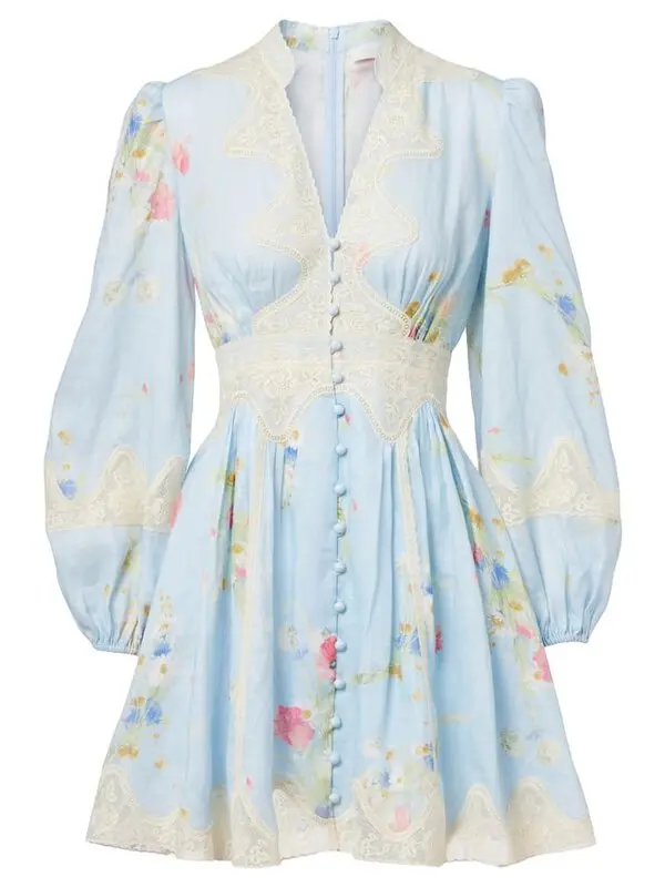 Zimmermann Lucky Lace Floral Linen Minidress - Blue