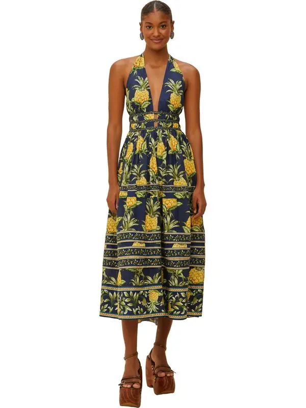 Farm Rio Sleeveless Midi Dress - Delicate Pineapple Navy Blue