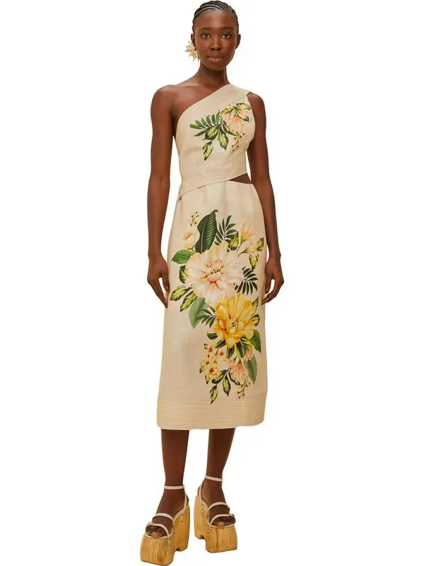 Farm Rio Floral Print Linen Midi Dress - Garden Cascade Sand