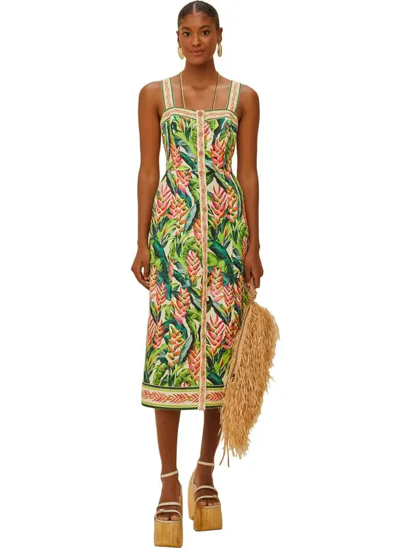 Farm Rio Printed Linen Midi Dress - Heli Leaves Pearl