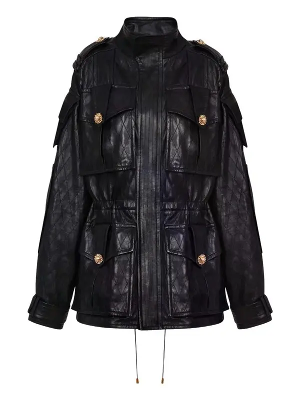 Balmain Diamond-stitched Leather Parka Coat - Black