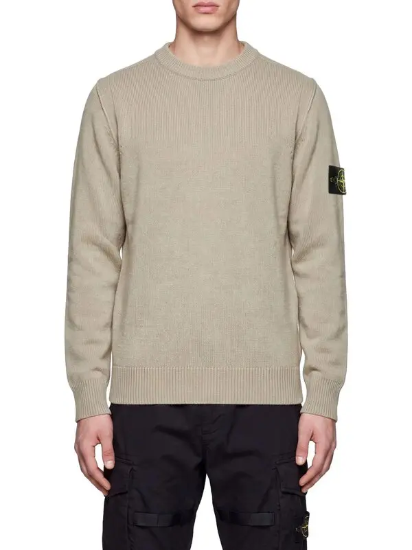 Stone Island Virgin Wool Crewneck Jumper With Compass Logo Patch - Beige