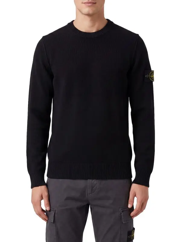 Stone Island Virgin Wool Crewneck Jumper With Compass Logo Patch - Black