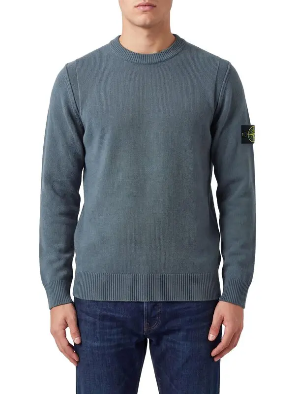 Stone Island Virgin Wool Crewneck Jumper With Compass Logo Patch - Blue