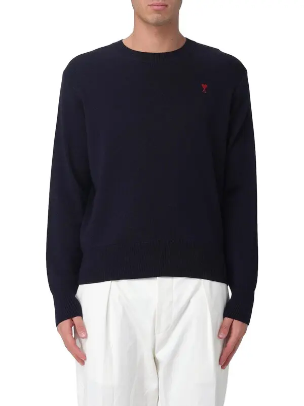 AMI Paris Wool Crew Neck Jumper With Embroidered Logo - Blue